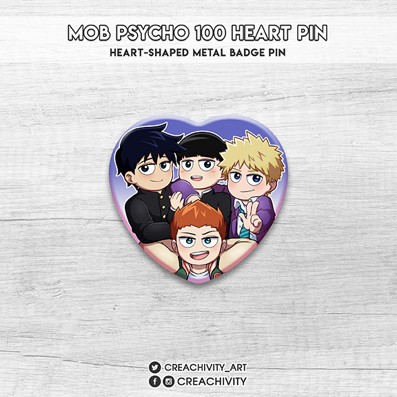 Mob Psycho 100 Boys Matte Heart Shaped Pins - Cosplay.ph